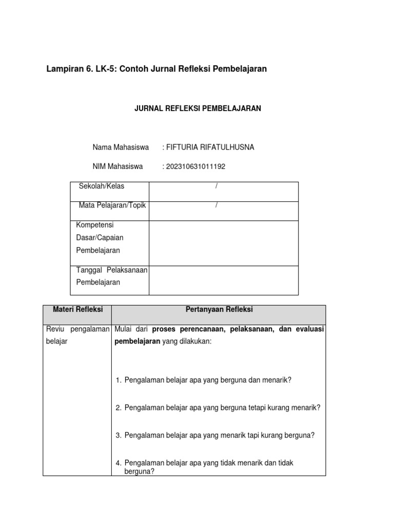 Lampiran 6. LK-5 Contoh Jurnal Refleksi Pembelajaran | PDF