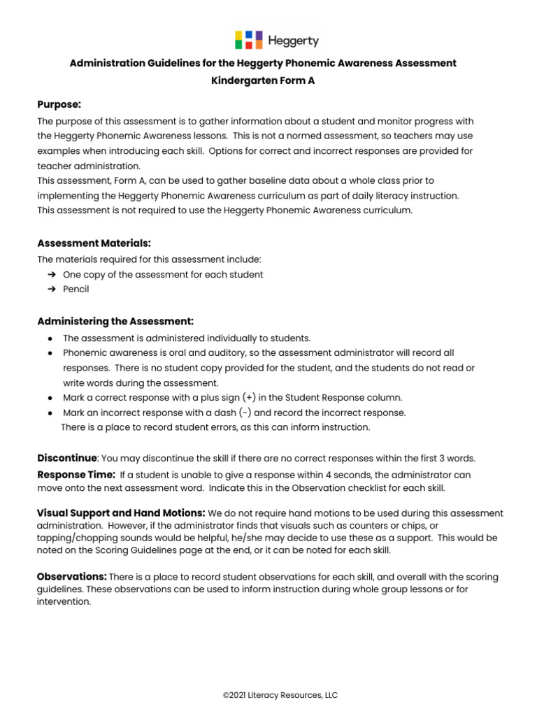 Form A Kindergarten Phonemic Awareness 2021 | PDF | Psycholinguistics ...