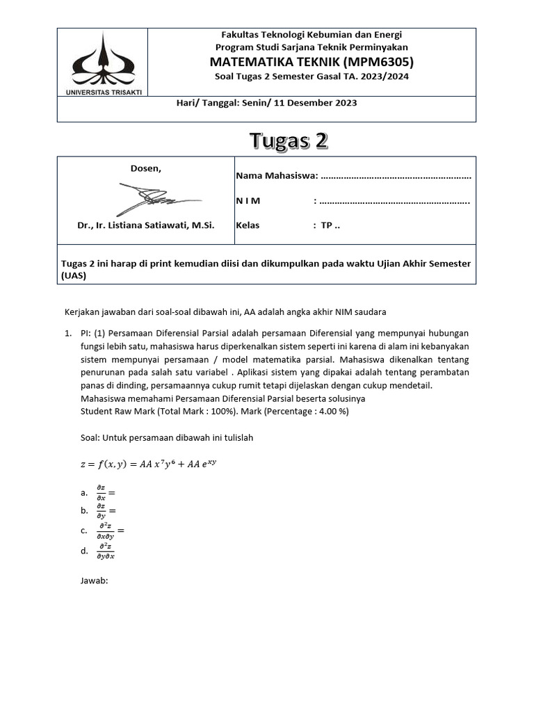 Soal Tugas 2 Matematika Teknik TP Gasal 2023 2024 | PDF | Metode & Bahan Ajar | Sains & Matematika