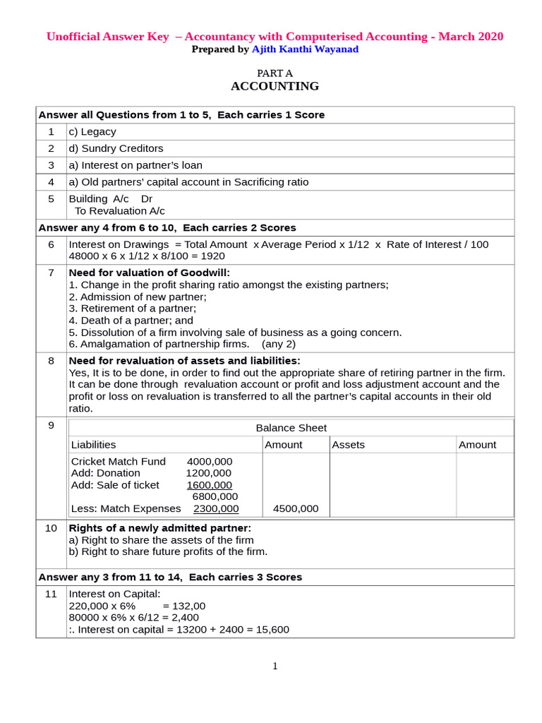 Accountancy Answer Key - March 2020 | PDF | Debits And Credits | Expense