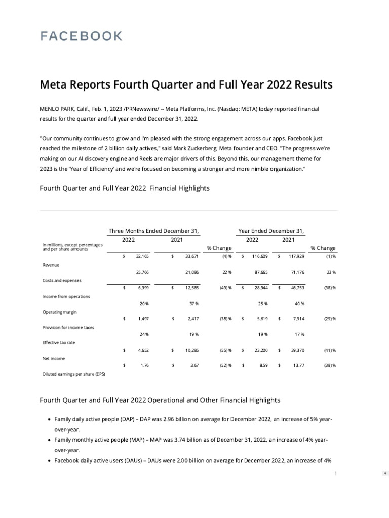 Meta Reports Fourth Quarter and Full Year 2022 Results 2023 | PDF ...