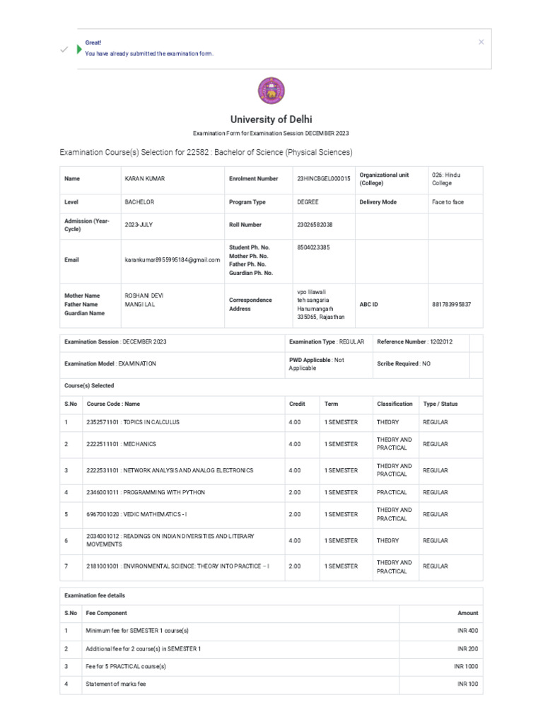 University of Delhi: Examination Course(s) Selection For 22582: Bachelor of Science (Physical ...