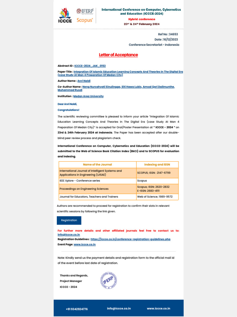 ICCCE-2024 - JAK - 0153 Acceptance Letter | PDF | International Standard Serial Number | Academia