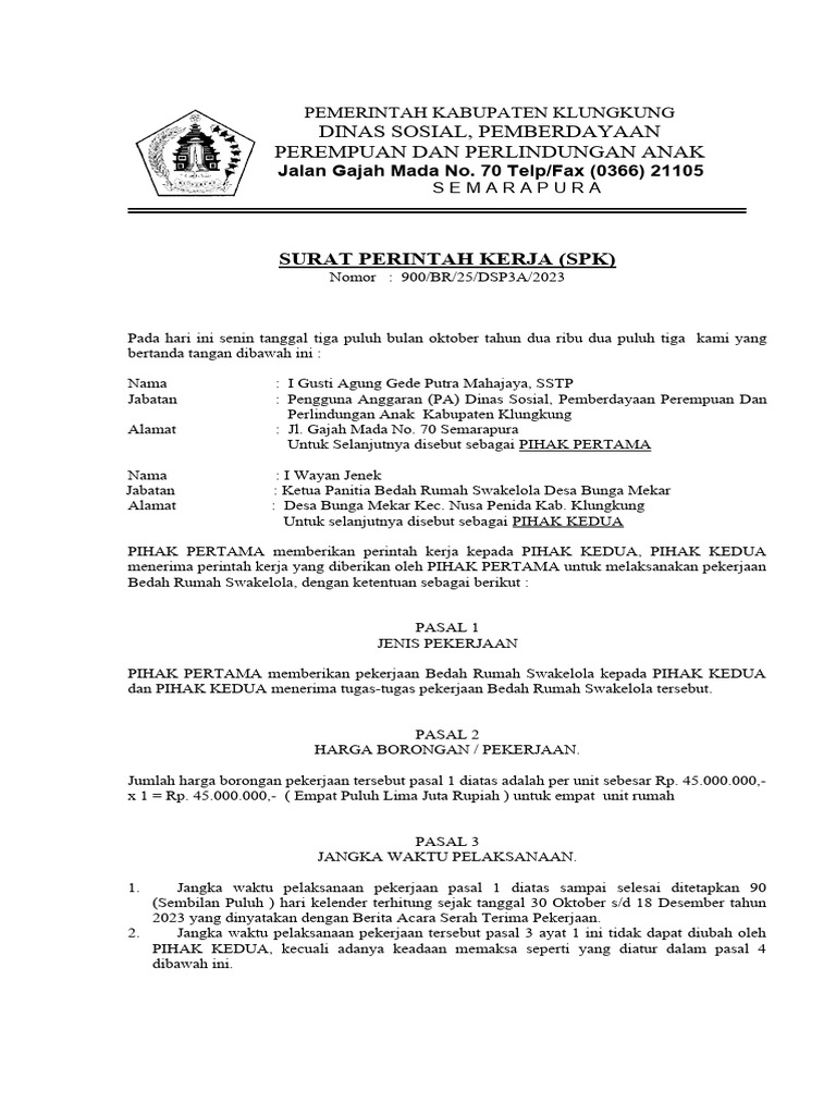 Surat Perintah Kerja (SPK) 2022 | PDF