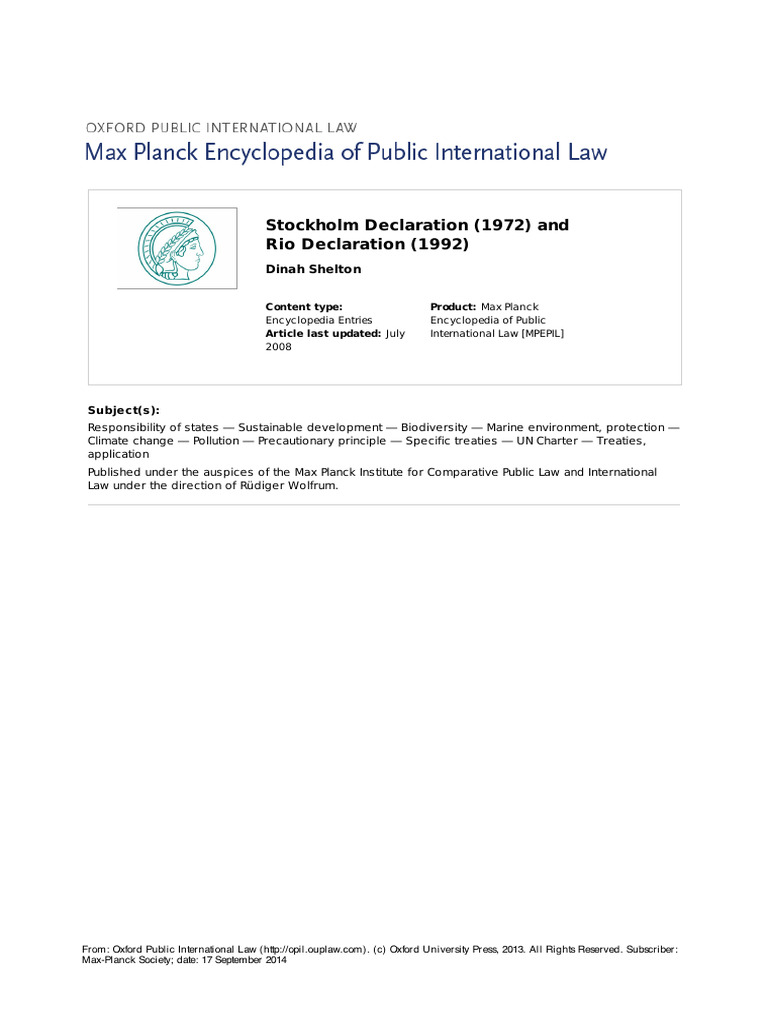 Stockholm Declaration 1972 Rio Declaration 1992 (SHELTON) | PDF ...