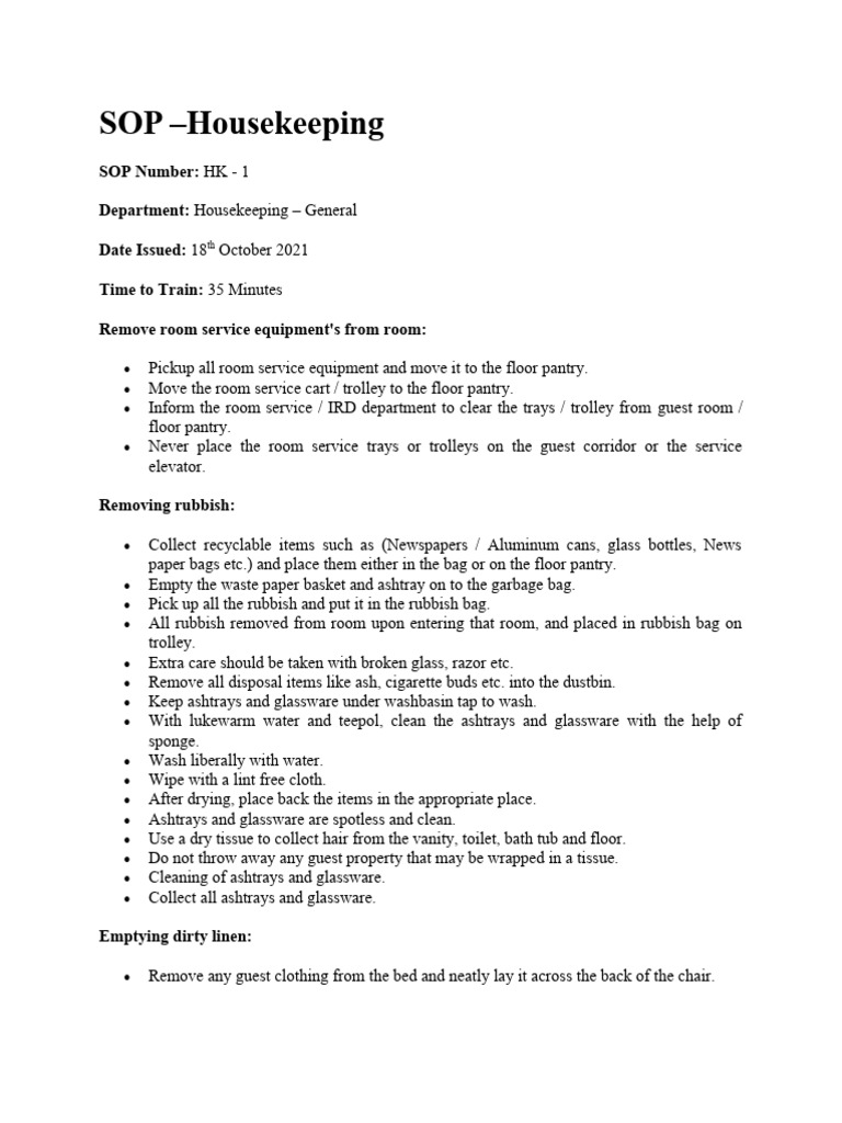 Sop - Housekeeping1 | PDF | Bed | Bedding