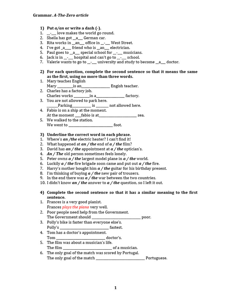 Grammar. EXERCISES - A-The-Zero Articlemm | PDF