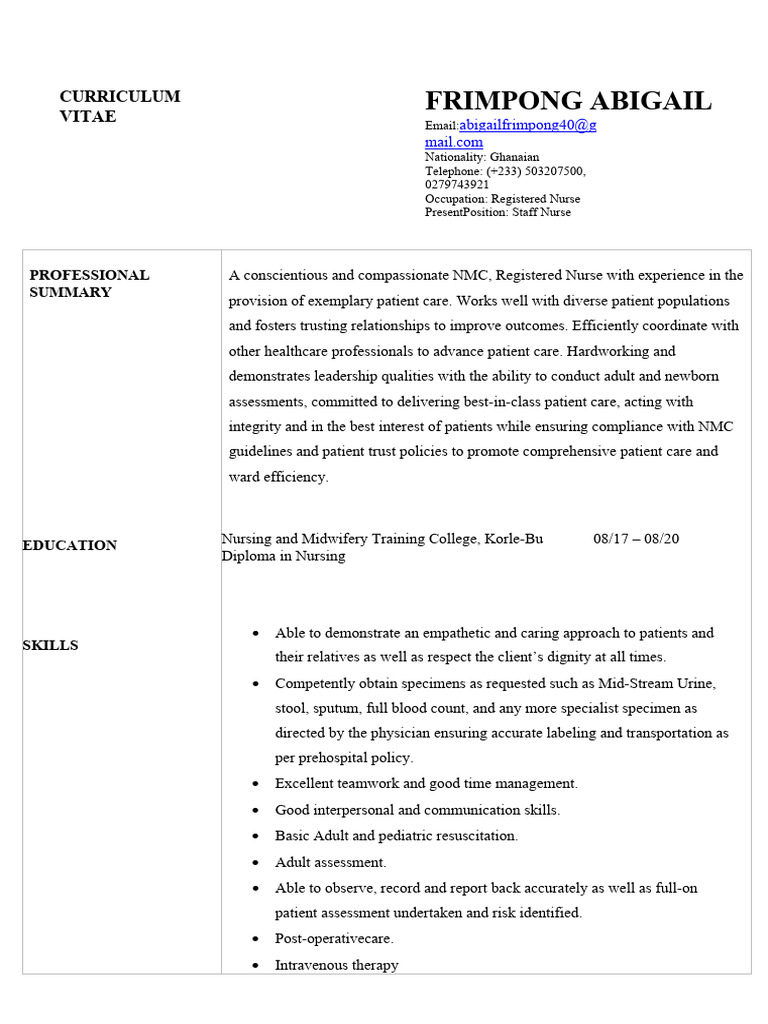 Abigail Frimpong, Rn Cv | PDF | Nursing | Hospital