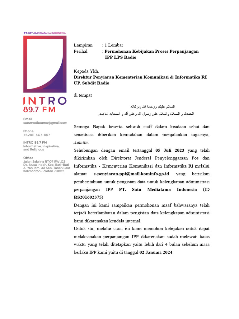 SURAT PERMOHONAN KEBIJAKAN PERPANJANGAN IPP Intro FM | PDF | Bisnis | Hukum