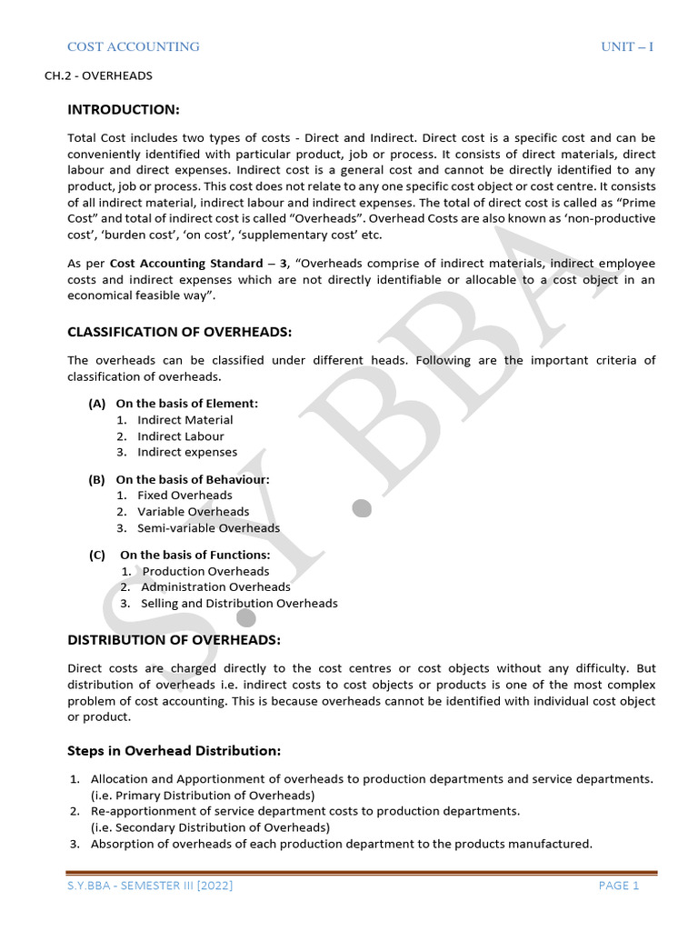 Unit 1 - ch.2 Overhead | PDF | Cost | Cost Accounting