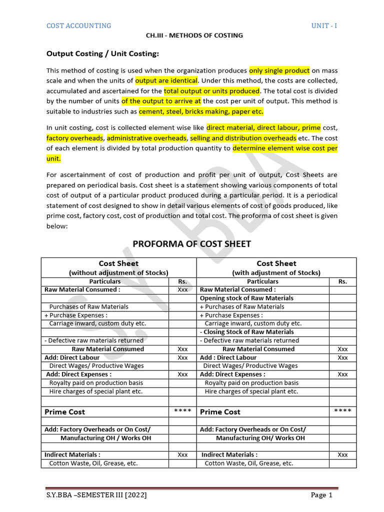 Cost Accounting: Unit Costing Methods | PDF | Cost | Cost Of Goods Sold