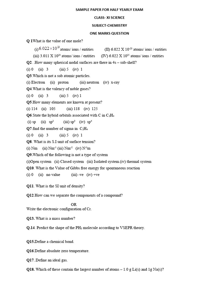 Half Yearly Practice Paper Class Xi | PDF | Chemical Bond | Atoms