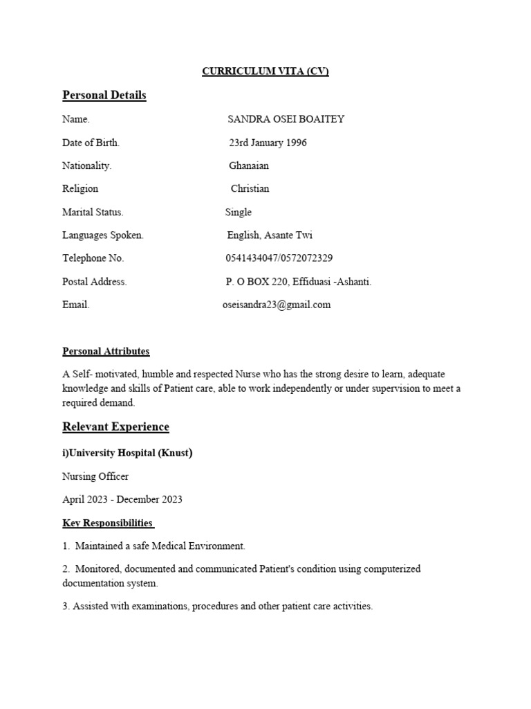Sandra Osei Boaitey CV | PDF | Nursing | Patient