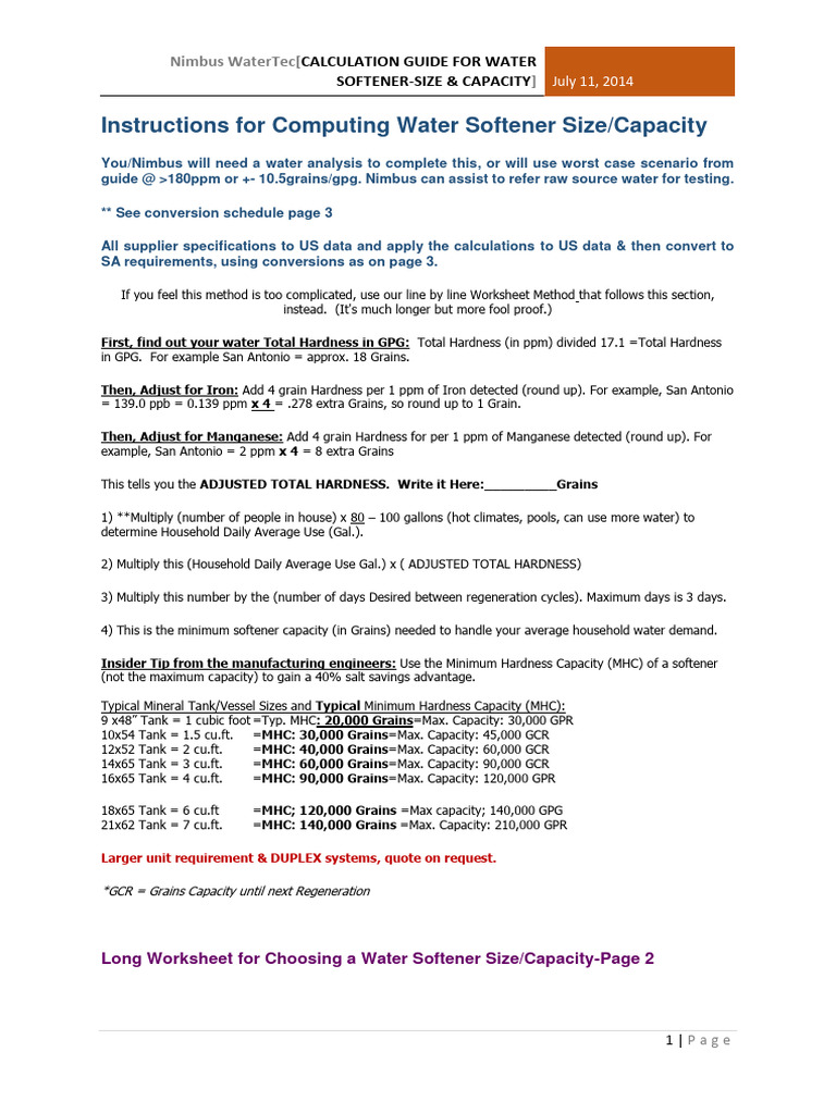 Water Softener Sizing Guide | PDF | Grain (Unit) | Parts Per Notation