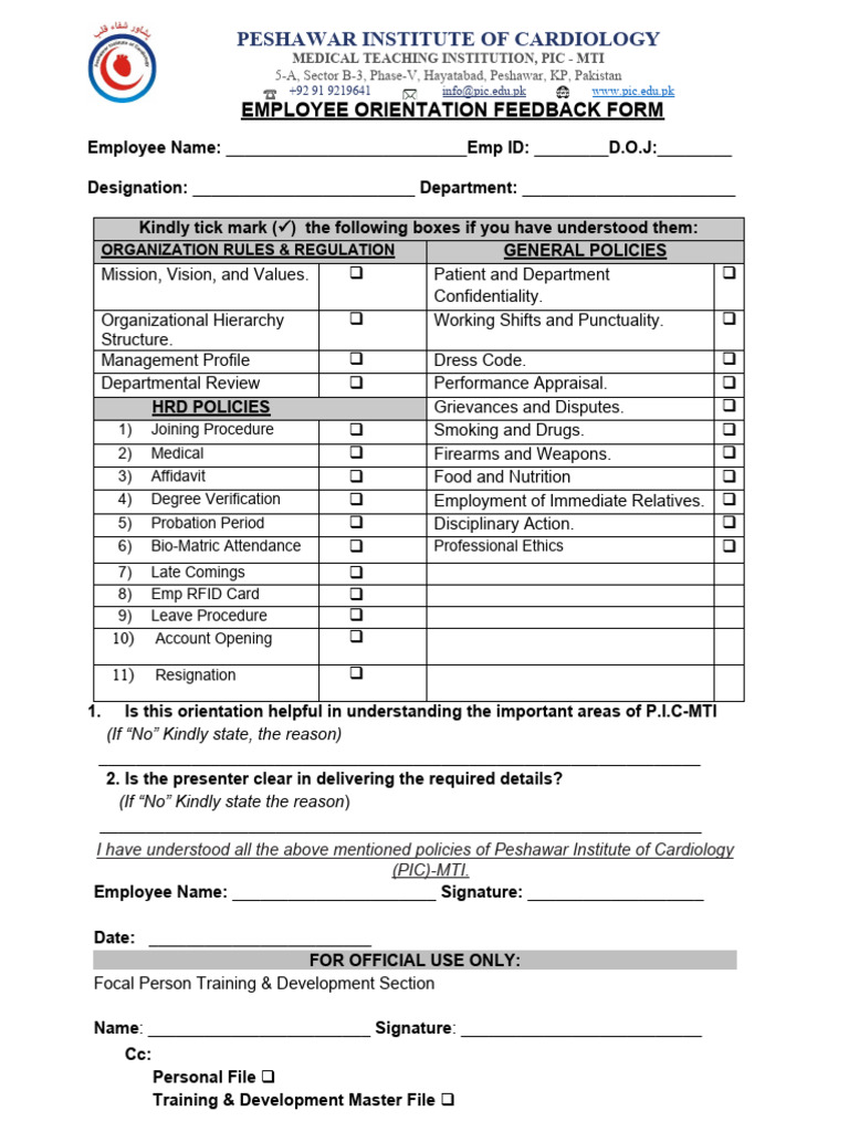 Employee Orientation Feedback Form | PDF | Business