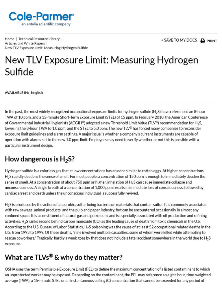 New TLV Exposure Limit - Measuring Hydrogen Sulfide From Cole-Parmer ...