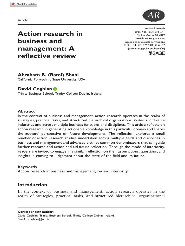 Shani Coghlan 2019 Action Research in Business and Management A Reflective Review | PDF | Action ...