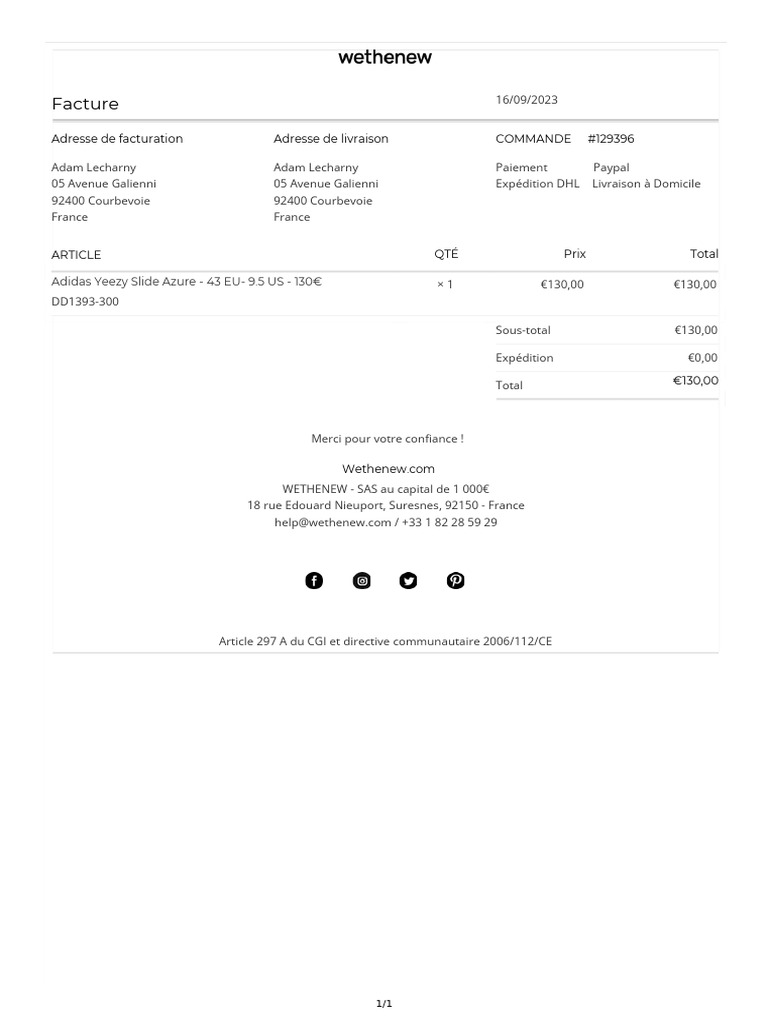 Facture Adidas Yeezy Slide Azure | PDF