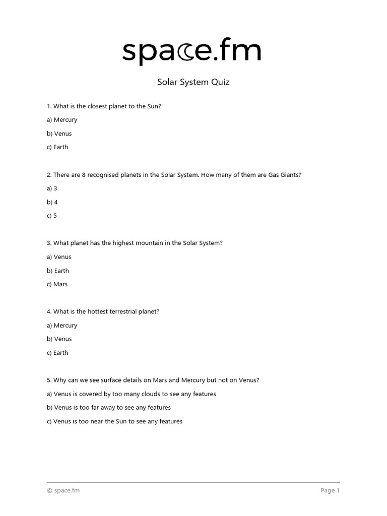 Solar System Quiz | PDF | Planets | Meteoroid