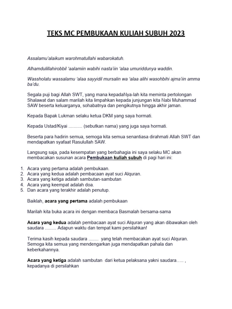 Teks MC Pembukaan Kuliah Subuh 2023 | PDF