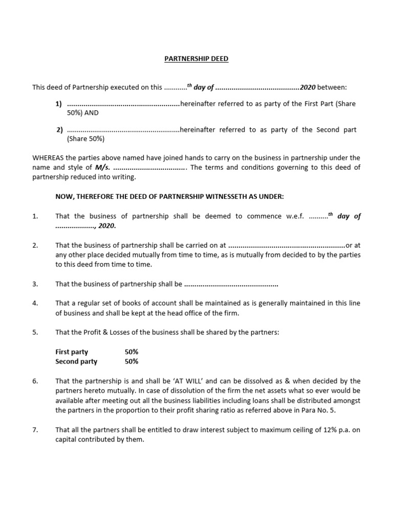 Partnership Deed Format | PDF | Partnership | Private Law