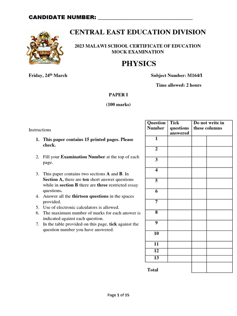 2023 Msce Physics Paper 1 | PDF | Force | Quantity