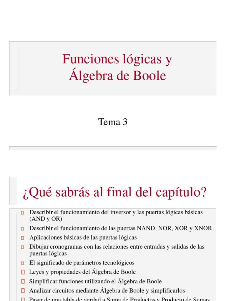 Tema3. Funciones Lógicas y Álgebra de Boole | PDF | Puerta lógica | Enseñanza de matemática