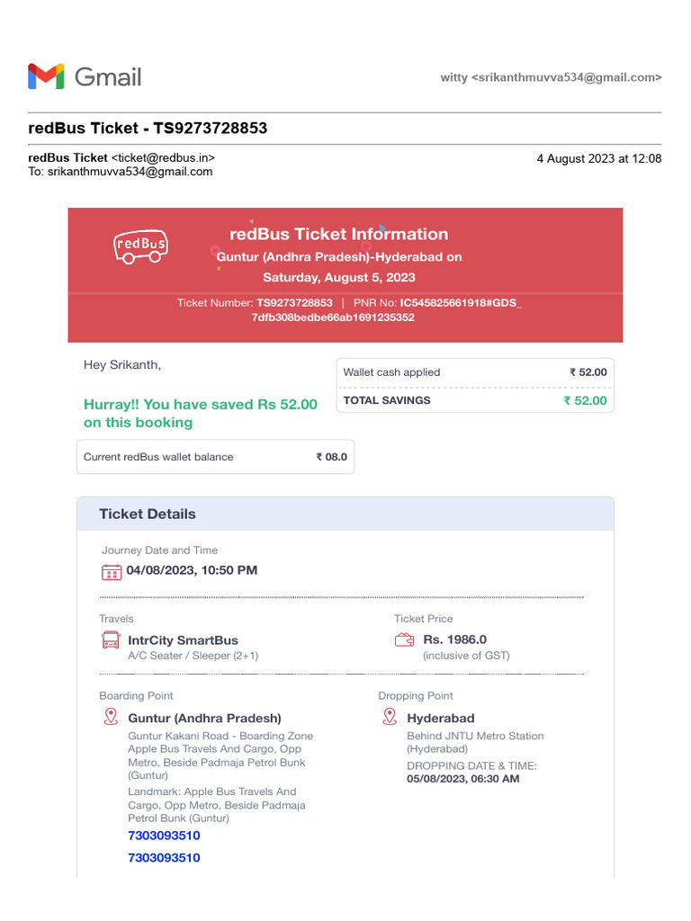 Redbus Ticket - TS9273728853 | PDF | Public Transport | Transport