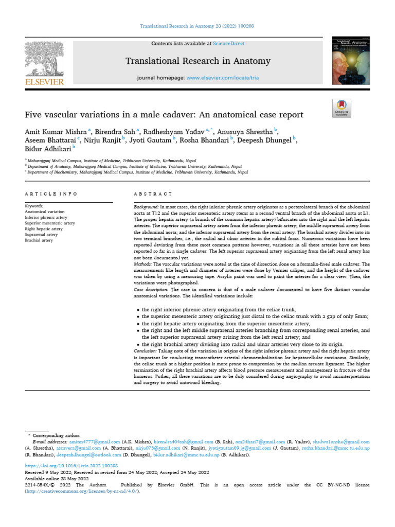 Five Vascular Variations in A Male Cadaver An Anatomical Case Report | PDF