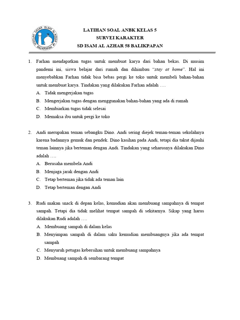 Soal Anbk Survei Karakter | PDF