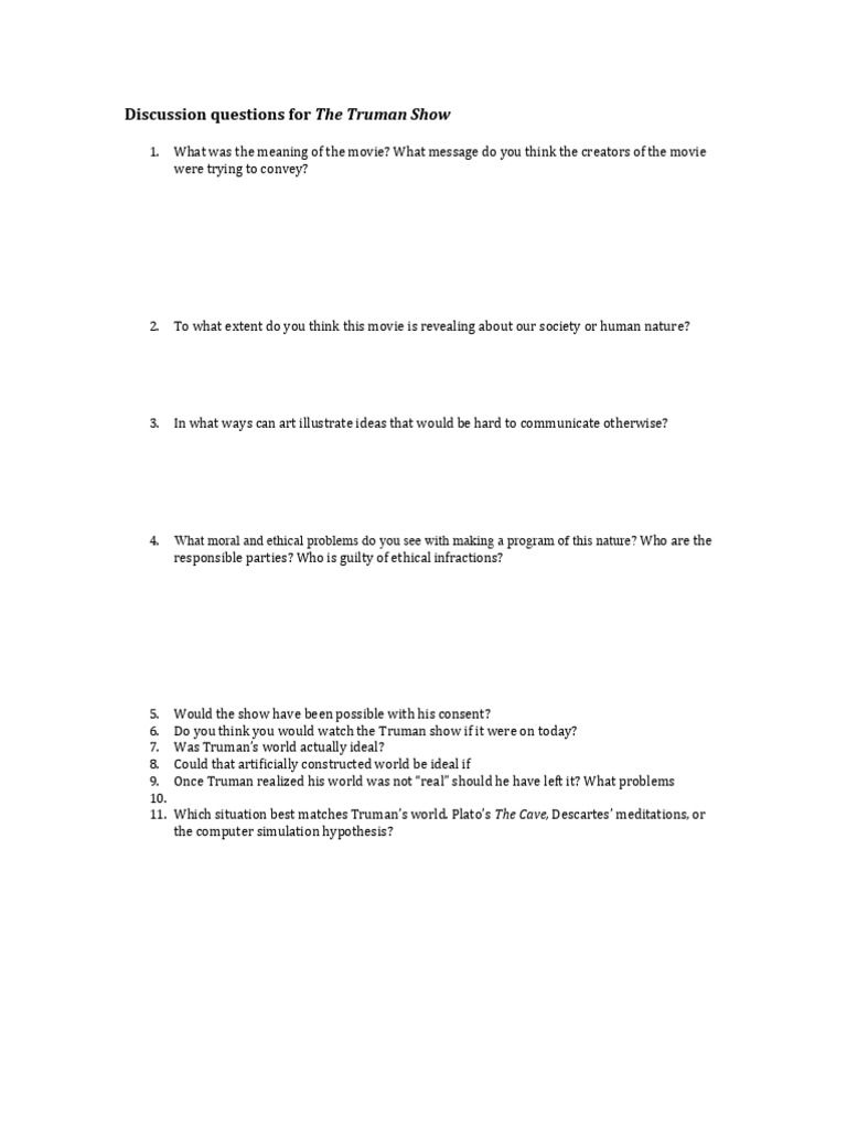 24 Discussion Questions For The Truman Show | PDF