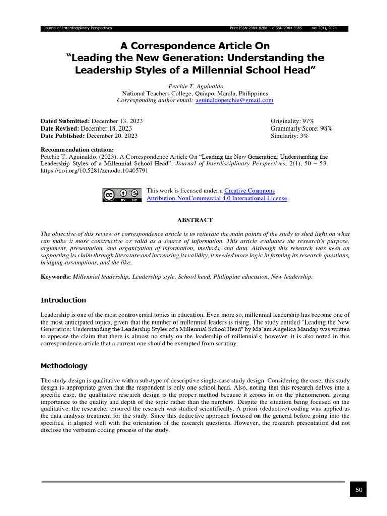 A Correspondence Article On "Leading The New Generation Understanding ...