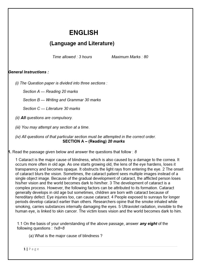 English Literature Sample Paper Level 2 | PDF | Cataract | Eye