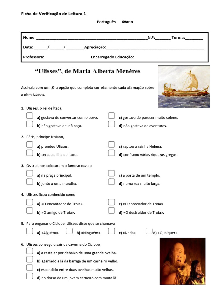 Ficha de Leitura: Ulisses - 6º Ano | PDF | Ulisses | Troia