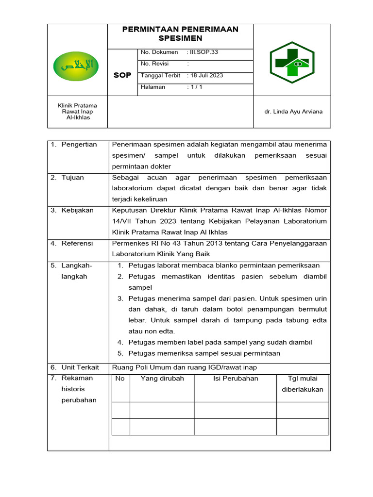 SOP Penerimaan Spesimen | PDF