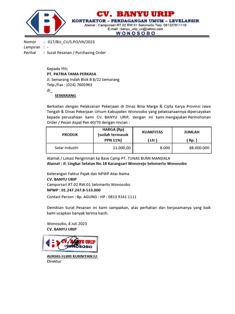 Surat Pesanan Aspal Pen 60/70 | PDF