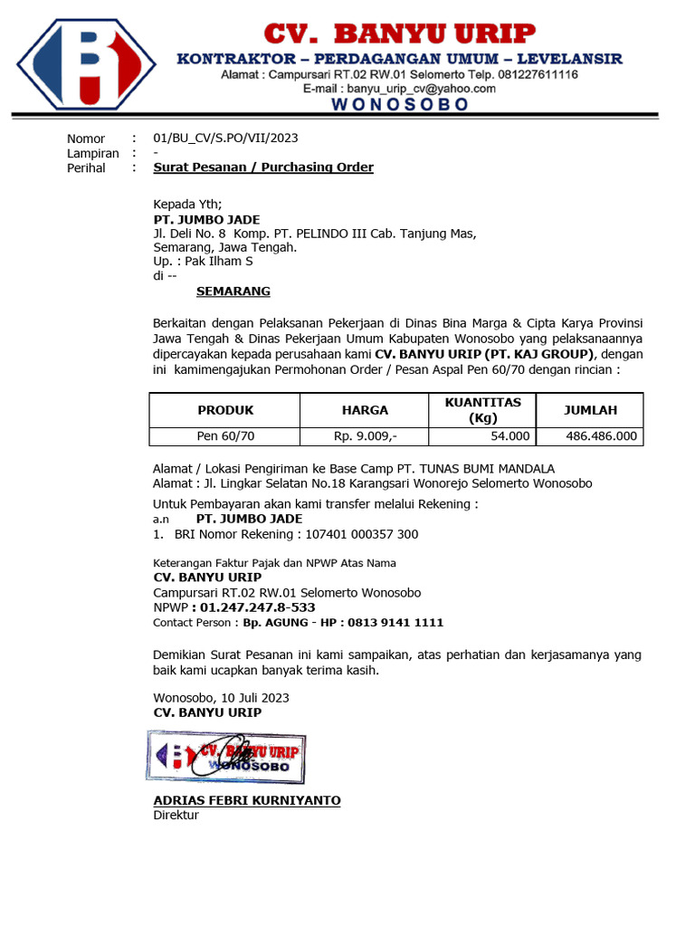 PO PT. JUMBO JADE - CV. BANYU URIP 10-07-2023 Non PPN | PDF