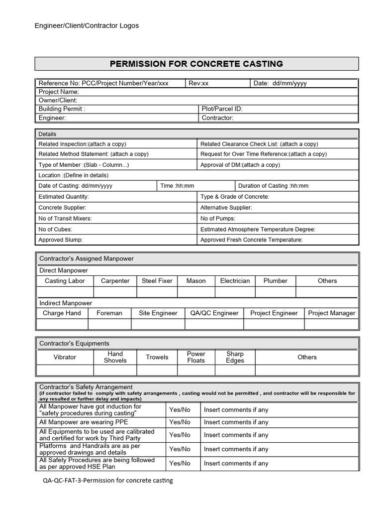 Qa Qc Fat 3 Permission For Concrete Casting Pdf Concrete 