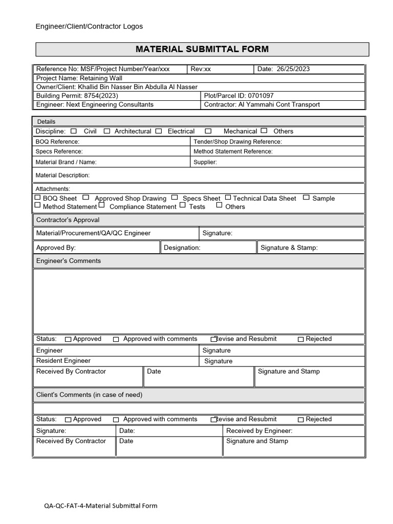 Material Submittal Form Template | PDF