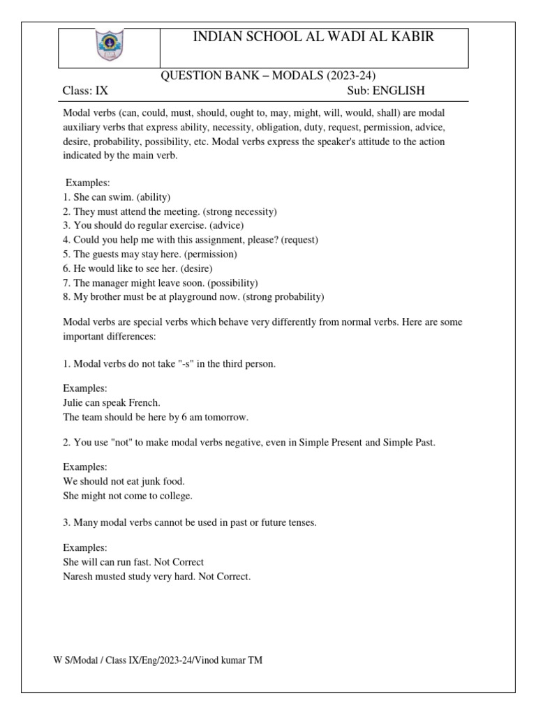 593533-Class IX Worksheet on MODALS | PDF | Semantic Units | Linguistics