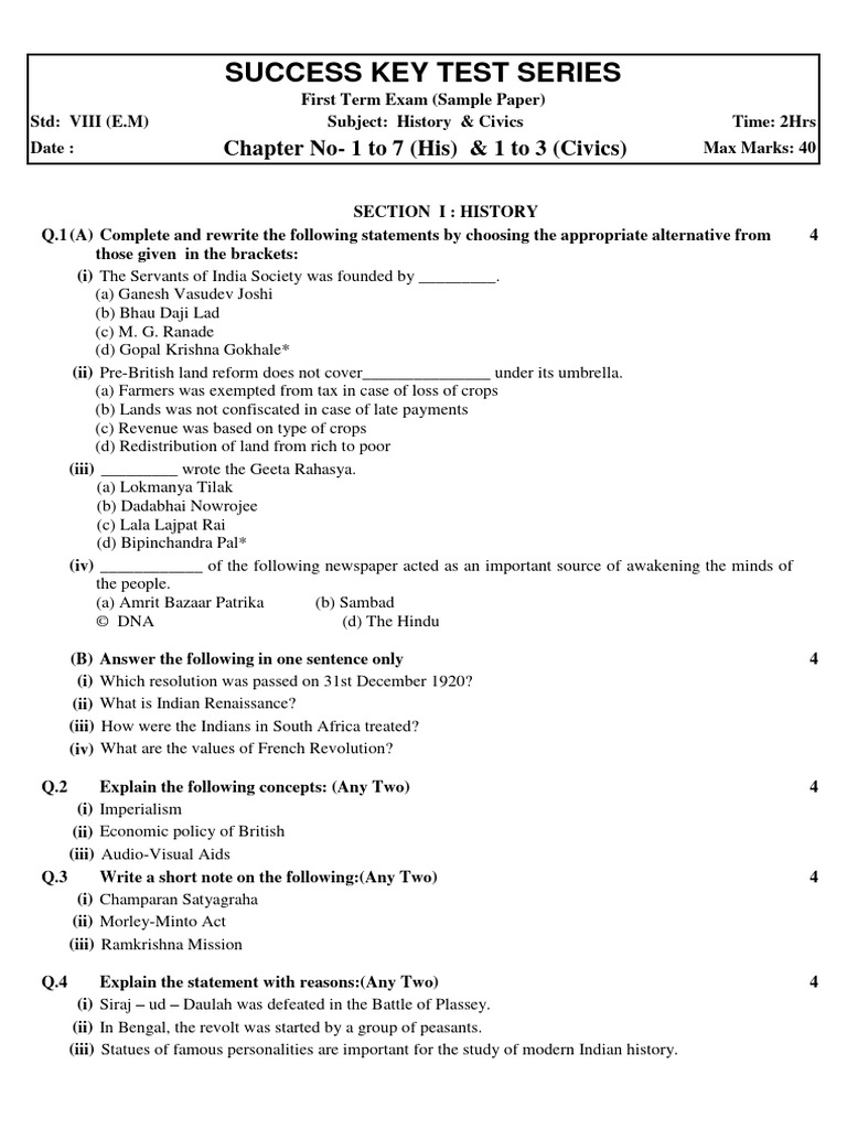 Class 8 Sample Paper History and Civic (Que - Paper) | PDF | Government | Public Law