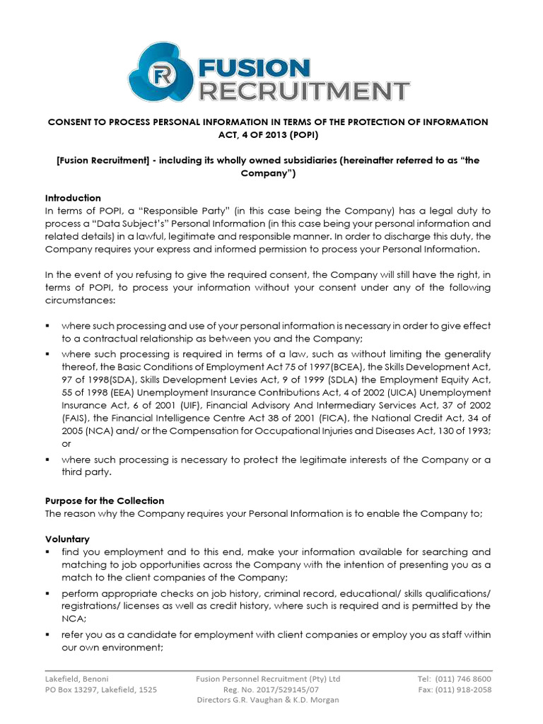 Fusion Recruitment POPI For Online Applicants | PDF | Employment ...