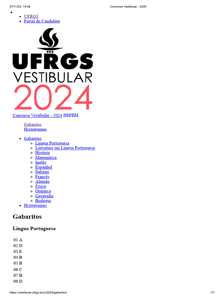 Gabaritos Vestibular UFRGS 2024 | PDF
