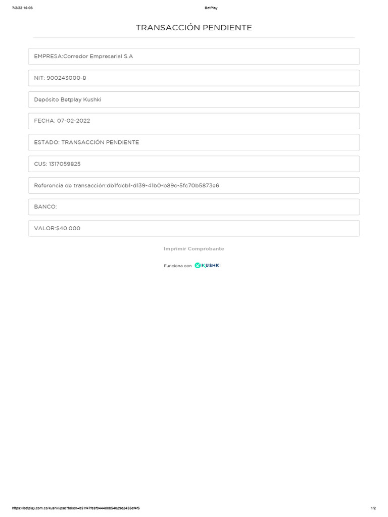 Transacción Pendiente en BetPlay | PDF