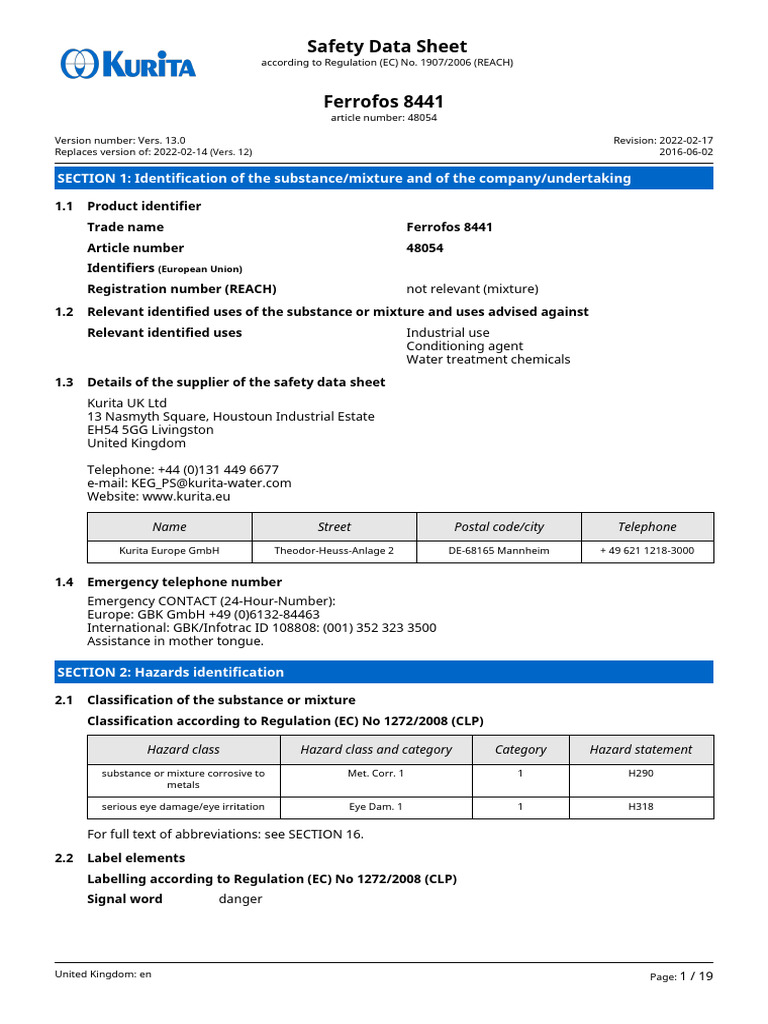 Ferrofos 8441 Safety Data Sheet | PDF | Toxicity | Firefighting
