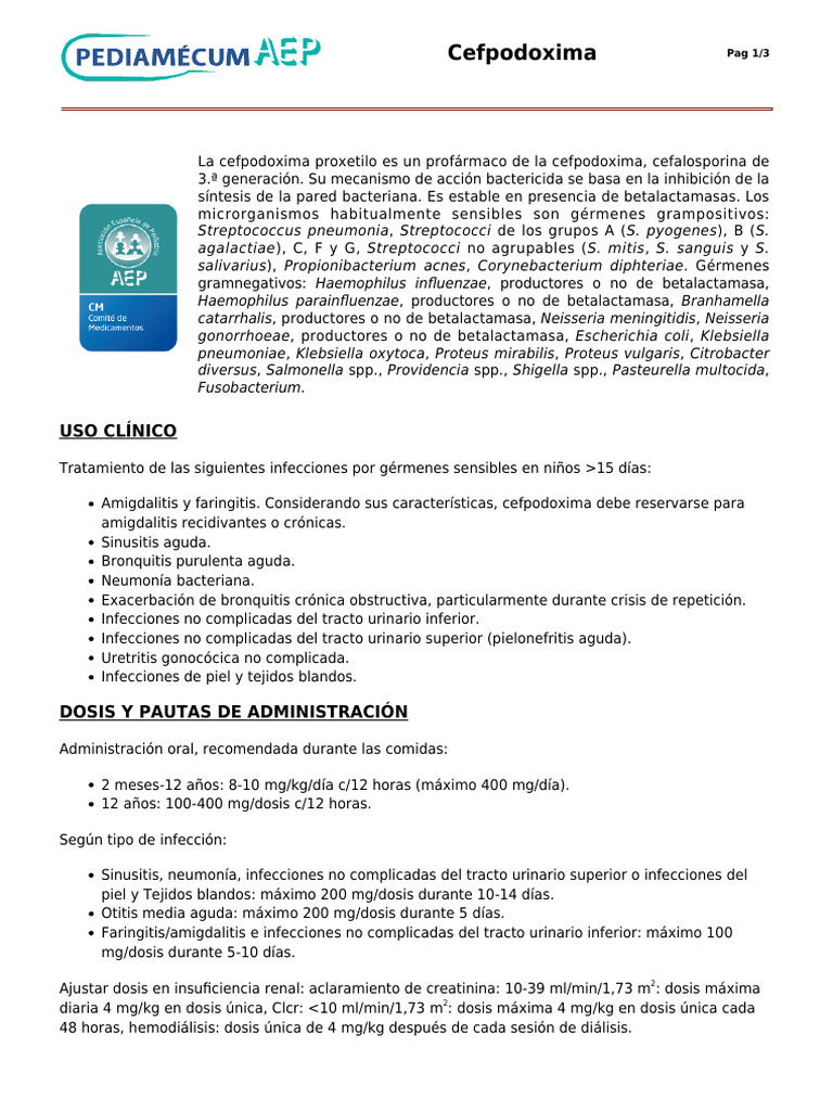 Uso y dosis de cefpodoxima en pediatría | PDF