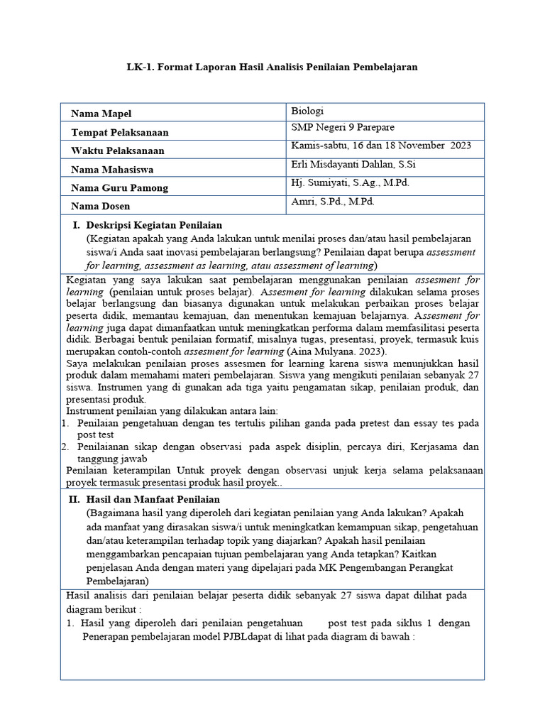 Contoh Hasil Isian LK-1 Hasil Asesmen Pembelajaran, Hasil Analisis ...