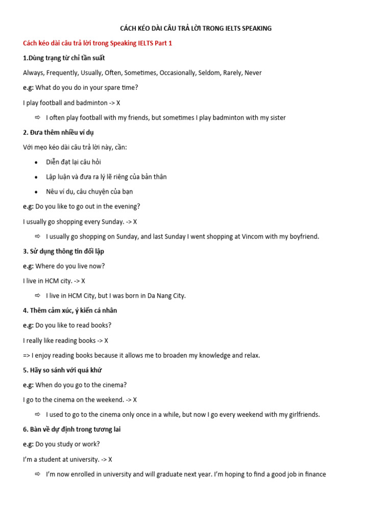 Cách Kéo Dài Câu TR L I Trong Ielts Speaking | PDF