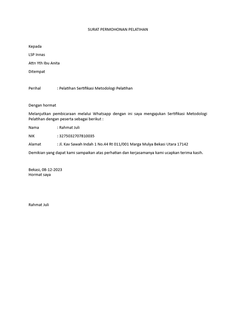 Surat Permohonan Pelatihan | PDF