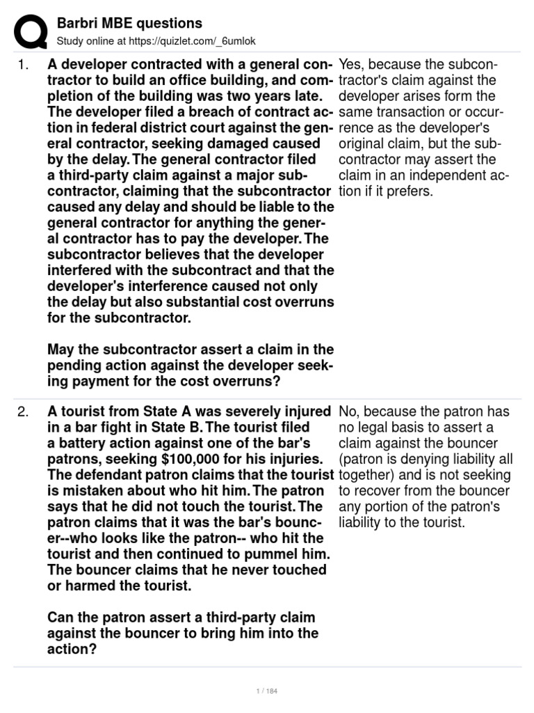 BarBri - MBE Questions | PDF | Leasehold Estate | Witness Impeachment